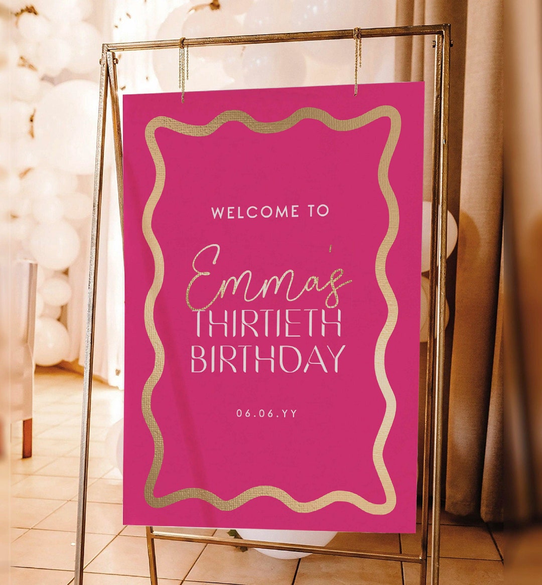 Printable Welcome Sign Template, Wave Curvy Line, Hot Pink Gold, Girls ...