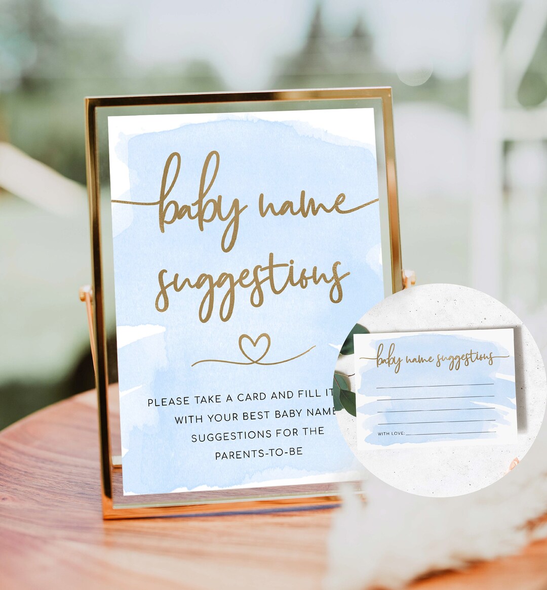 Baby Name Suggestions Card and Sign, Blue Watercolour Gold, Printable ...