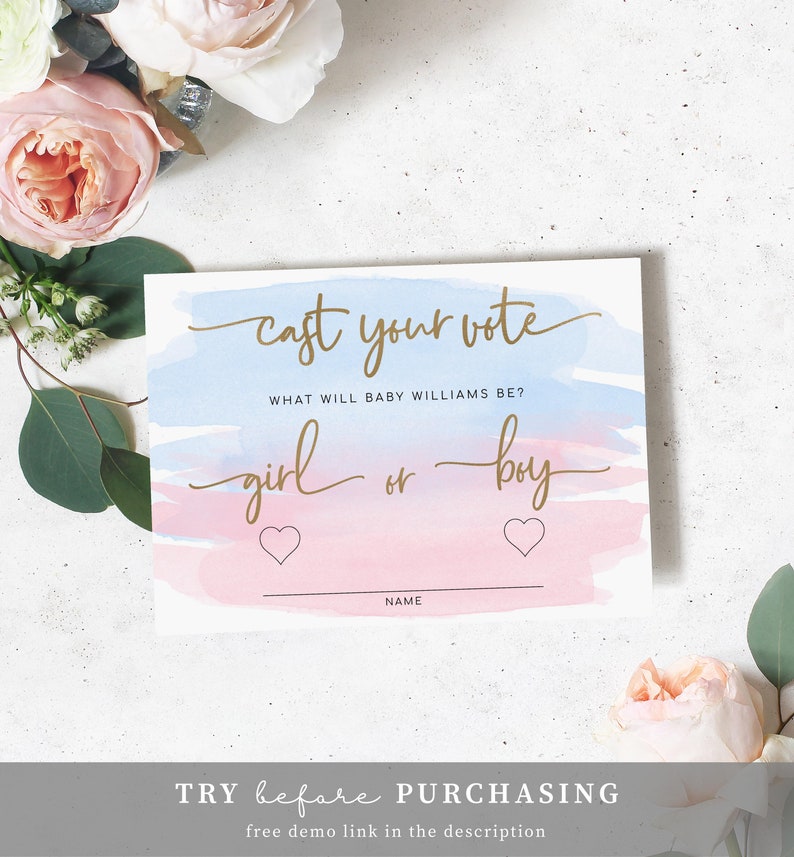 Cast Your Vote Gender Reveal Voting Card, Pink and Blue Watercolour ...