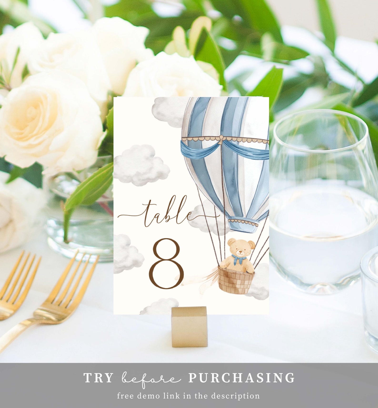 Teddy Bear Baby Shower Table Numbers, Blue Hot Air Balloon (printable ...