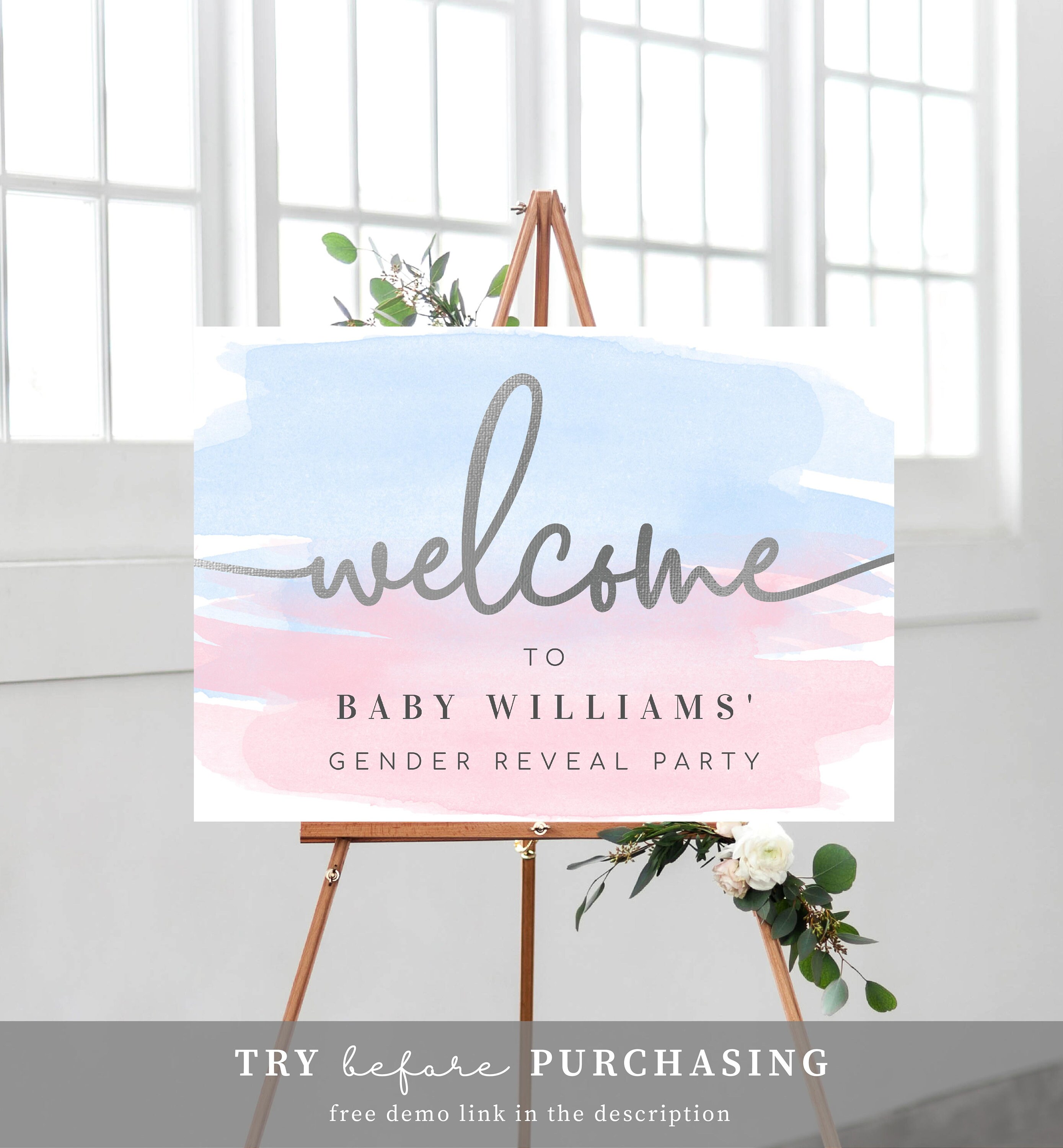 Printable Welcome Sign, Pink Blue Watercolour Gender Reveal Party ...