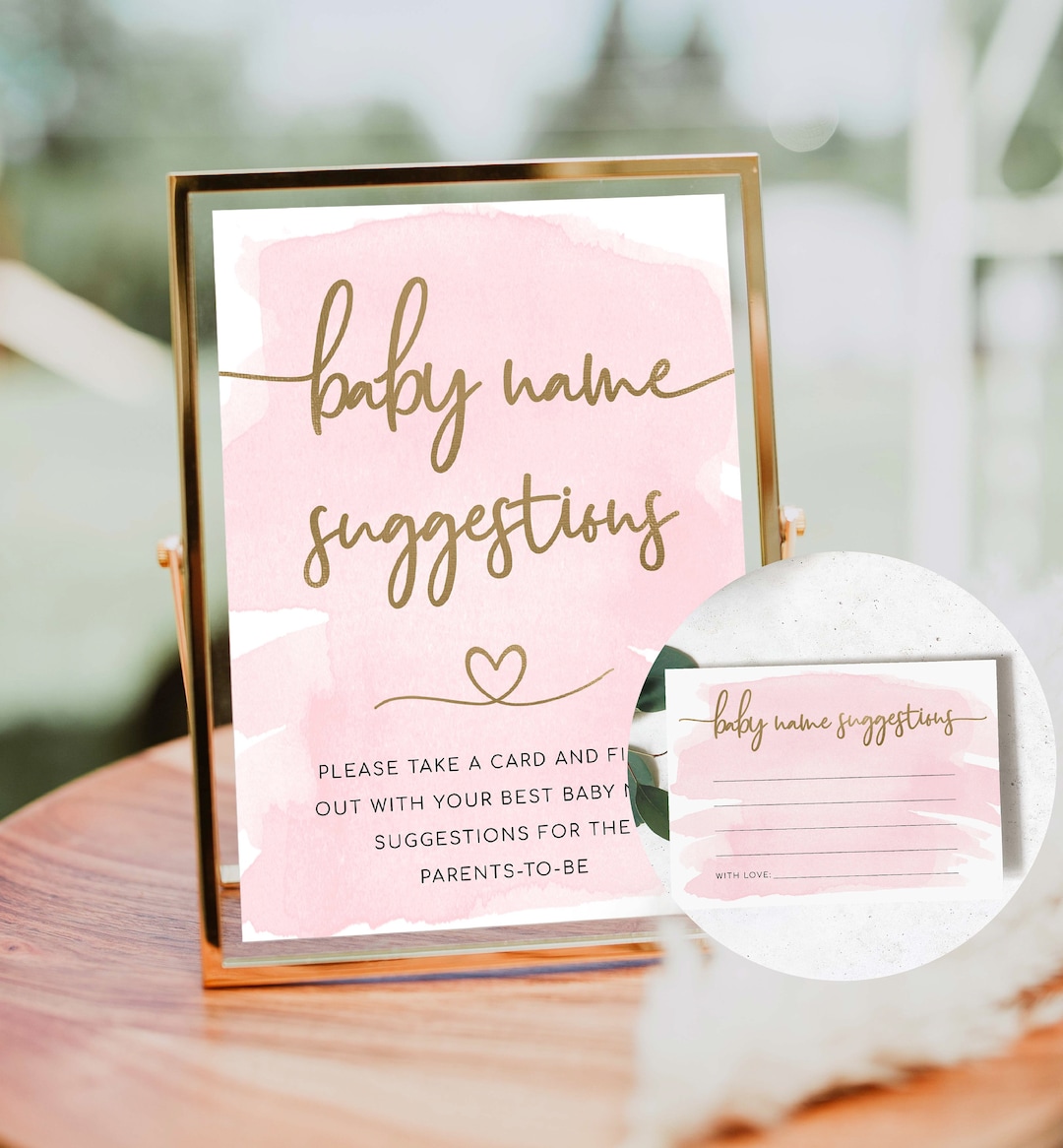 Baby Name Suggestions Card and Sign Templates, Pink Watercolour Gold ...