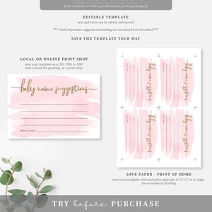 Baby Name Suggestions Card and Sign Templates, Pink Watercolour Gold ...