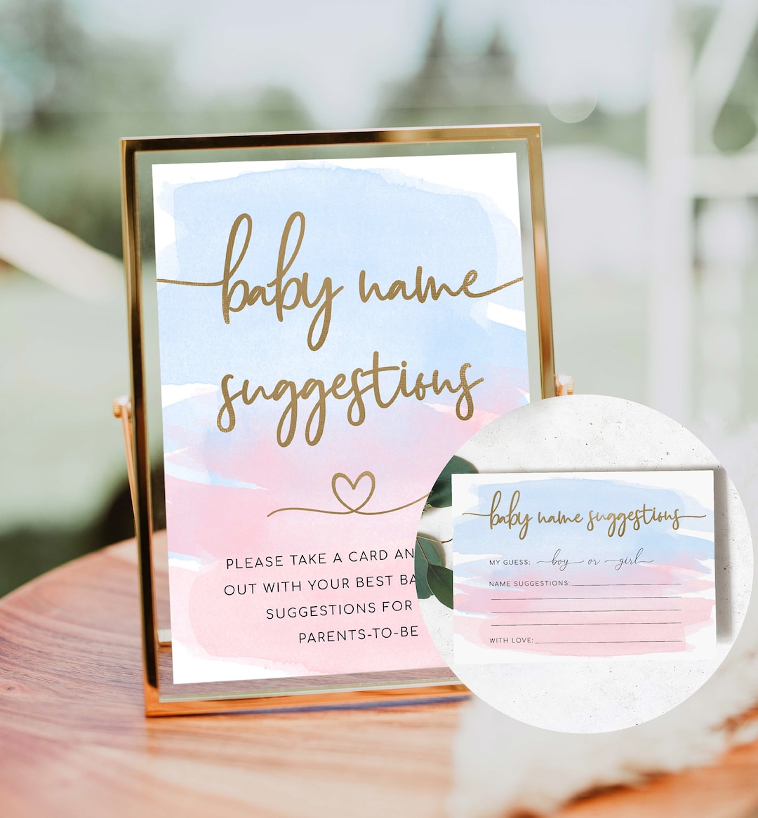 Baby Name Suggestions Card and Sign, Pink and Blue Watercolour Baby ...