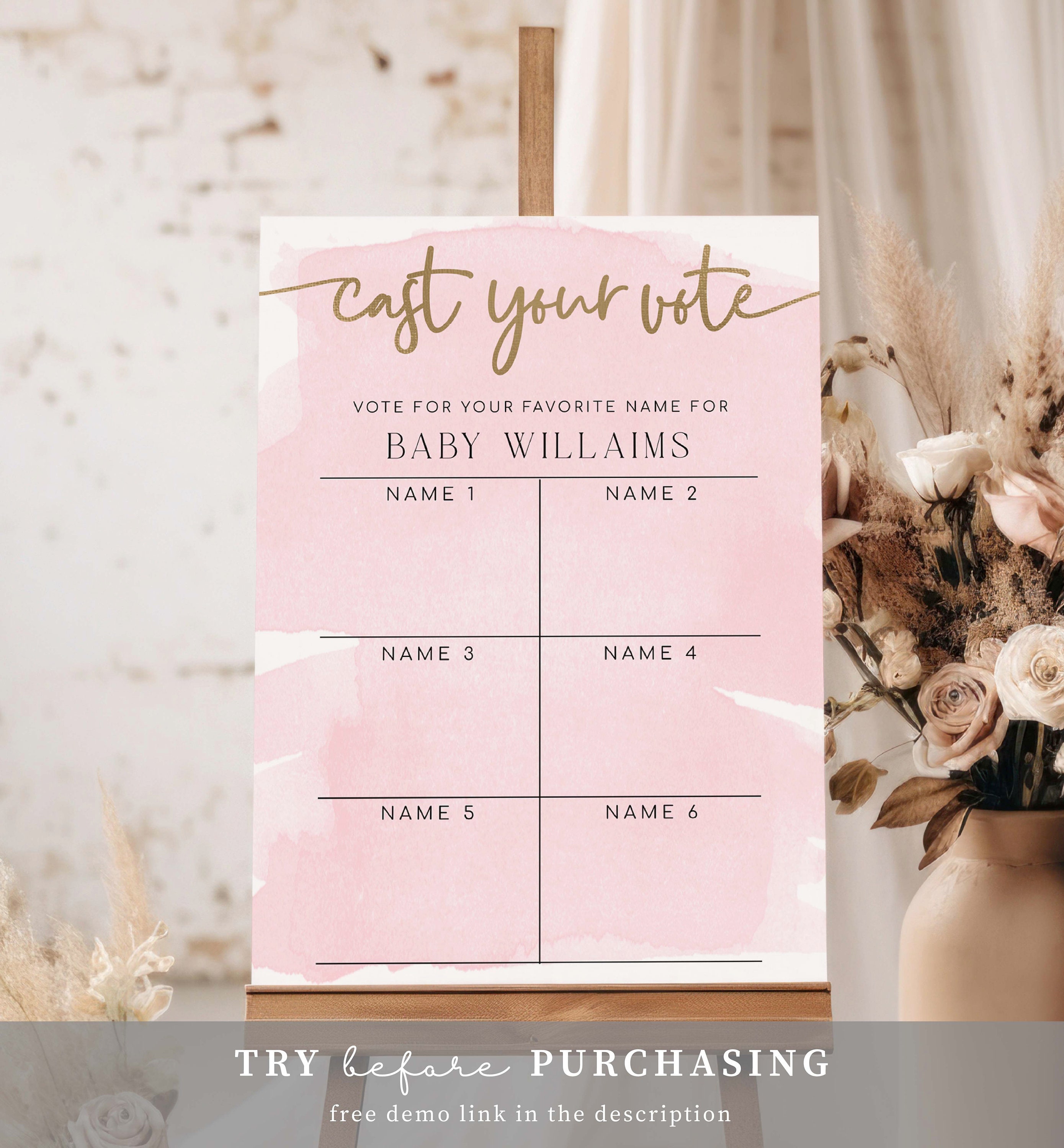 Pink Watercolor Baby Name Voting Poster Template (digital Download) - Etsy