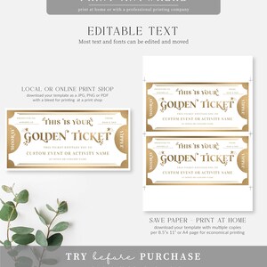 Editable Golden Ticket Custom Gift Voucher Template, Printable Birthday ...