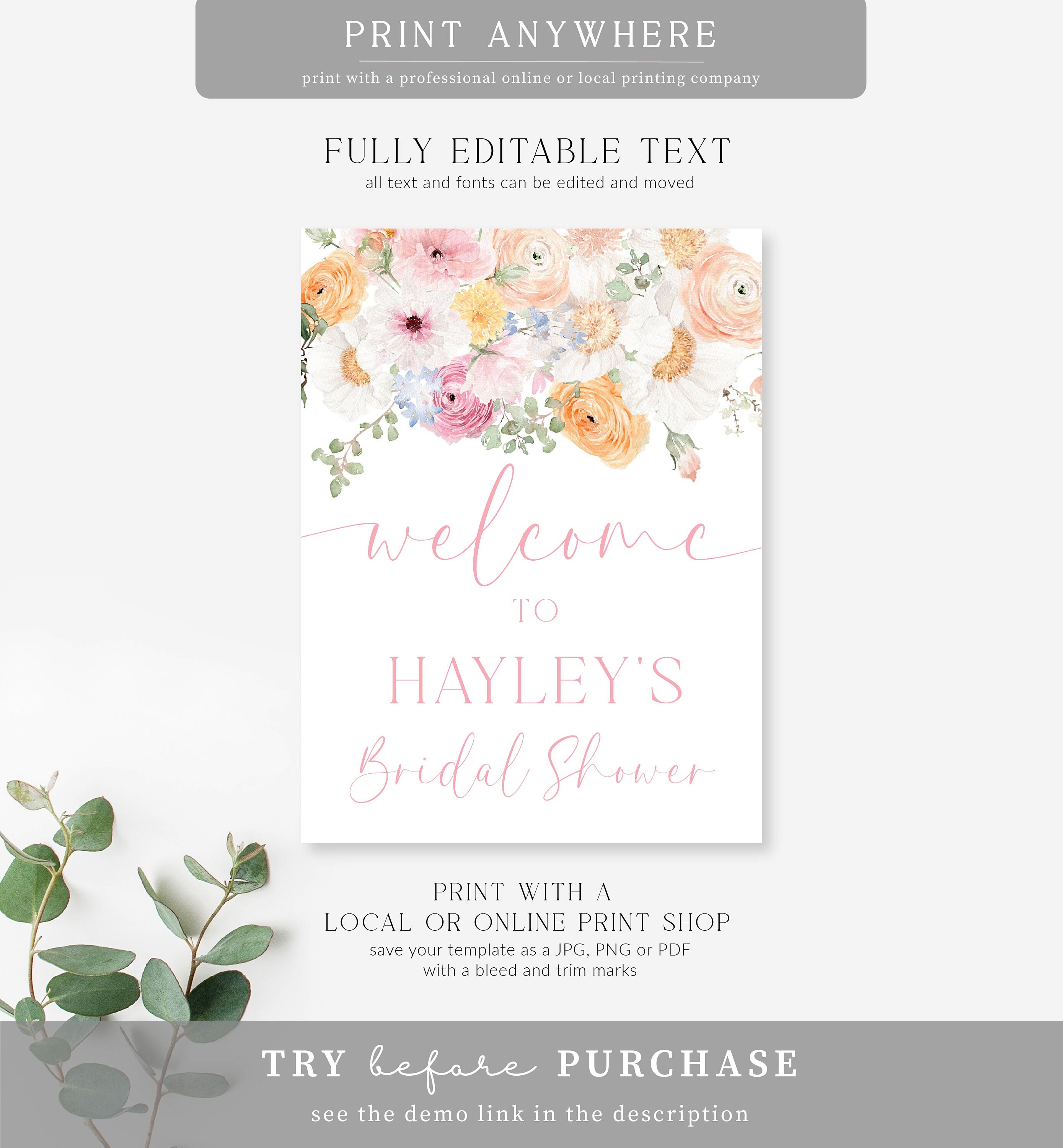 Spring Floral Bridal Shower Welcome Sign Template (printable), Millie ...