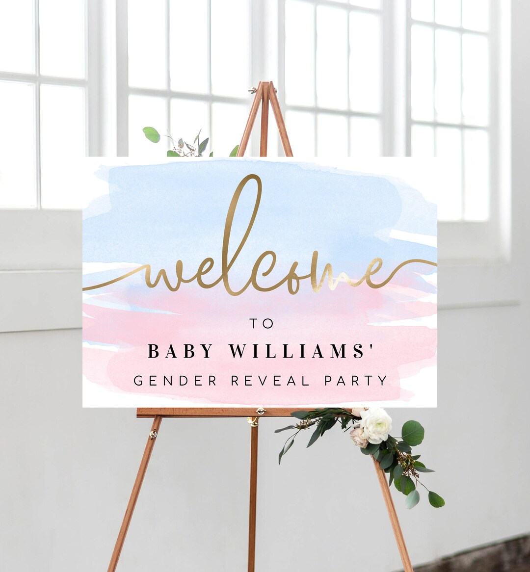Printable Welcome Sign Pink Blue Watercolour Gender Reveal Party ...