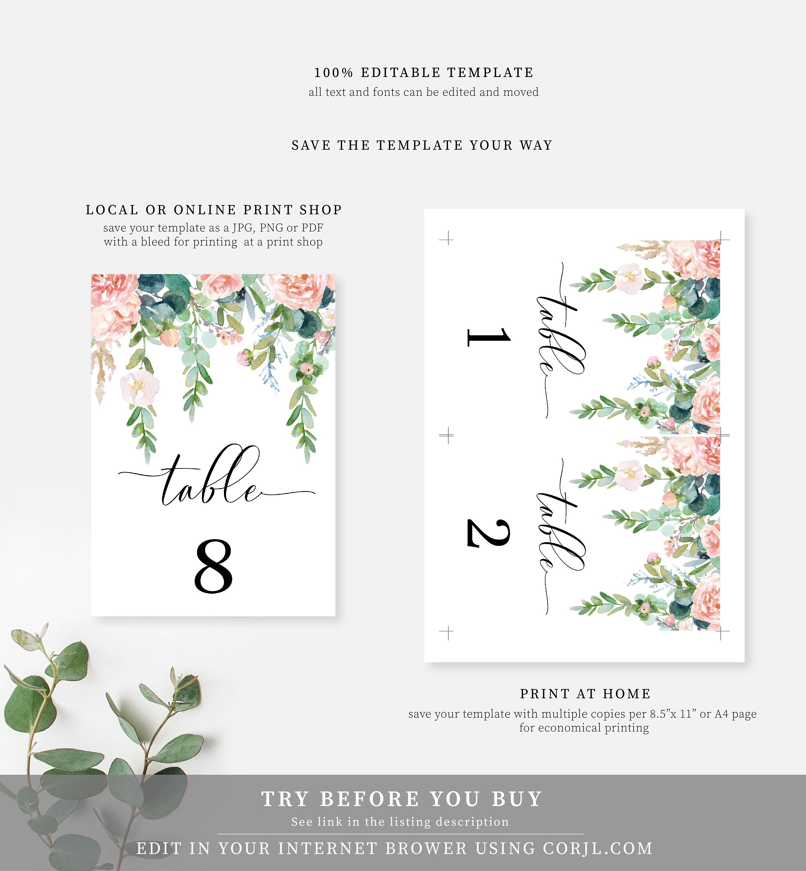 Printable Table Numbers Template, Floral Table Number, Greenery Floral ...