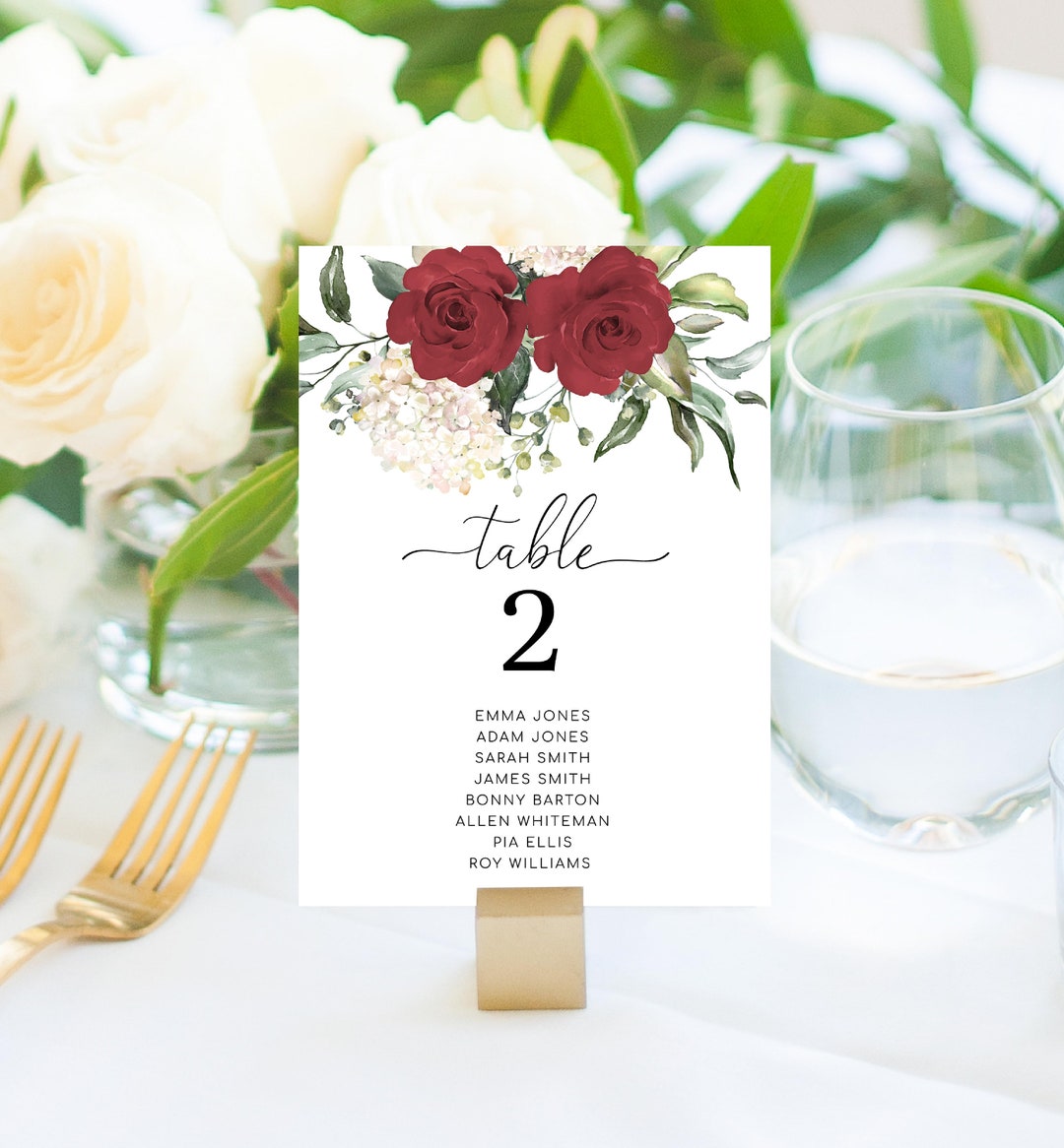Editable Table Numbers With Guest Names - Red Roses Floral Wedding ...