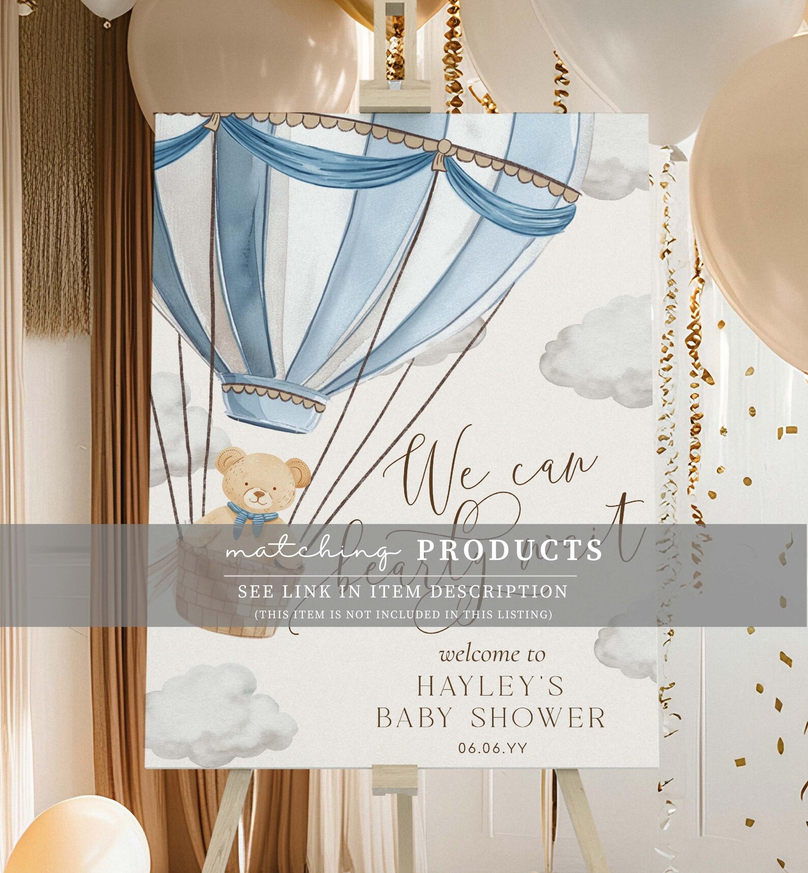 Teddy Bear Baby Shower Table Numbers, Blue Hot Air Balloon (printable ...