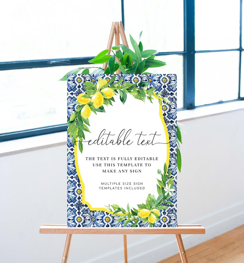 Positano Blue Tile Lemon Custom Text Sign Template, Printable Wedding ...