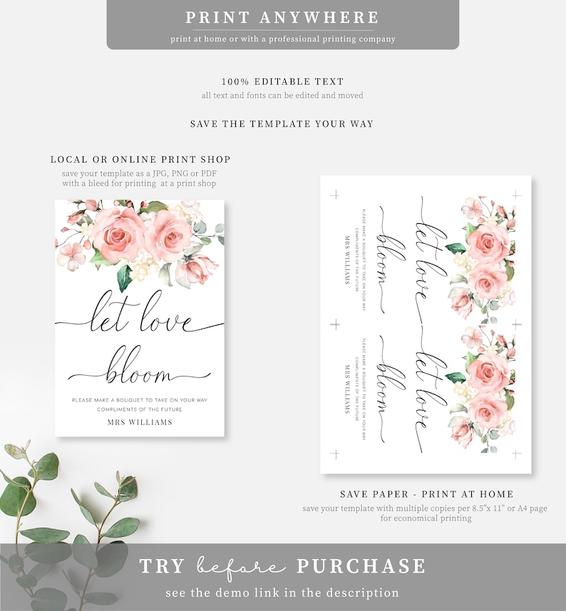 Blush Floral Let Love Bloom Sign, Printable Bridal Shower Flower Bar ...