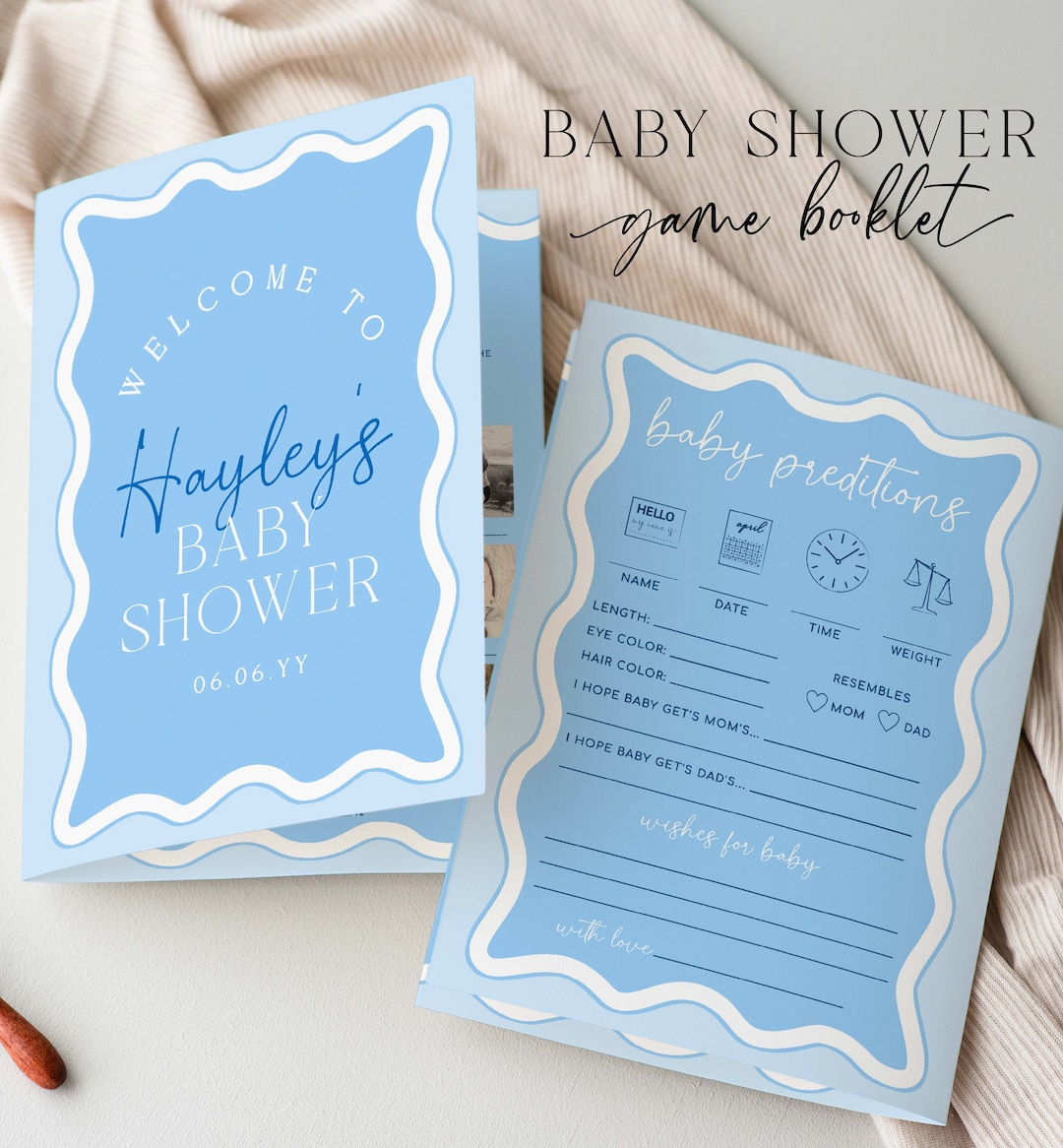 Blue Wavy Baby Shower Games Booklet, Modern Wavy Line Baby Shower Game ...