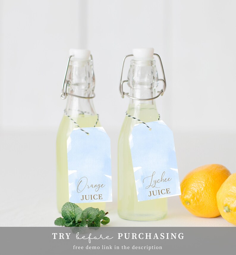 Juice Tags - Blue Watercolour - Printable Mimosa Bar Juice Tags - Mom ...