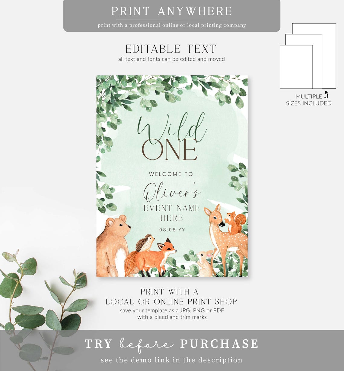 Woodland Animals Welcome Sign, Wild One Birthday (printable) - Etsy