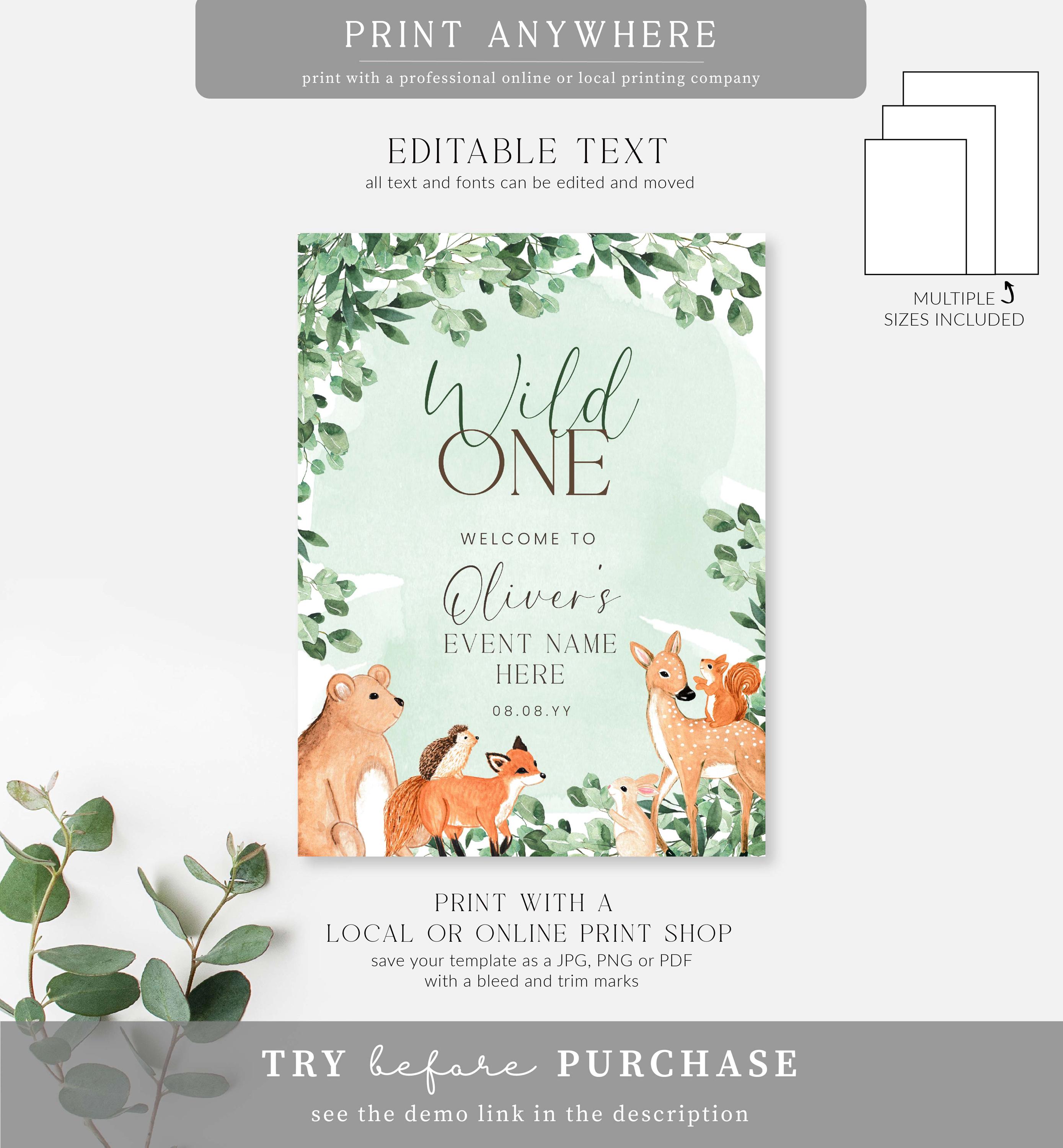 Woodland Animals Welcome Sign, Wild One Birthday (printable) - Etsy