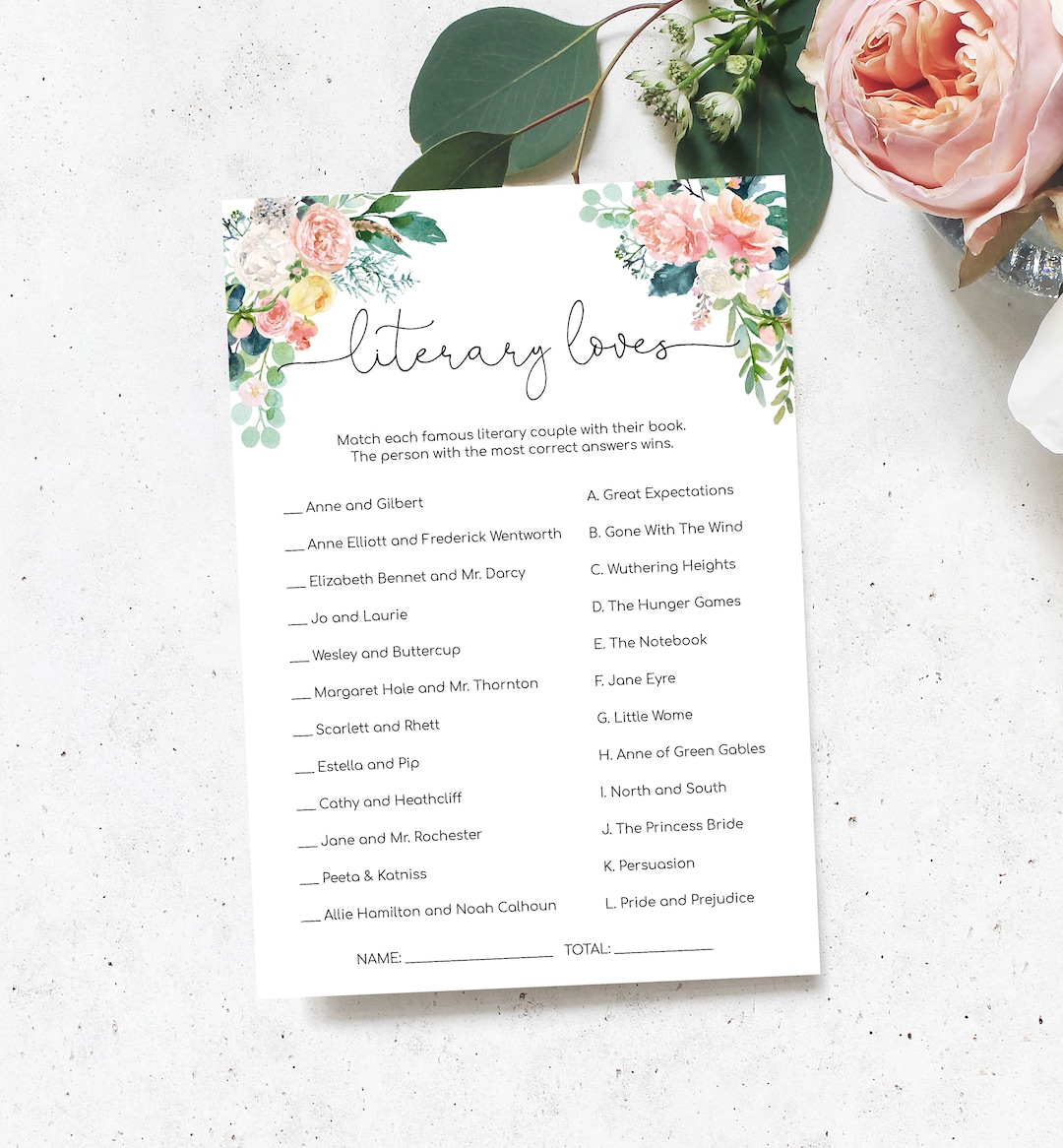 Printable Literary Loves Game, Book Characters Game, Bridal Shower Game ...
