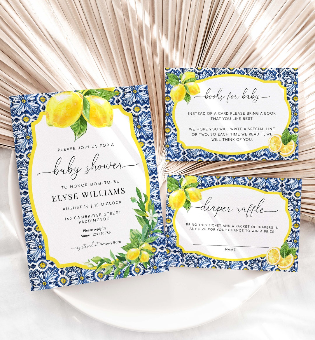 Printable Baby Shower Invitation, Book Request, Raffle Ticket, Positano ...
