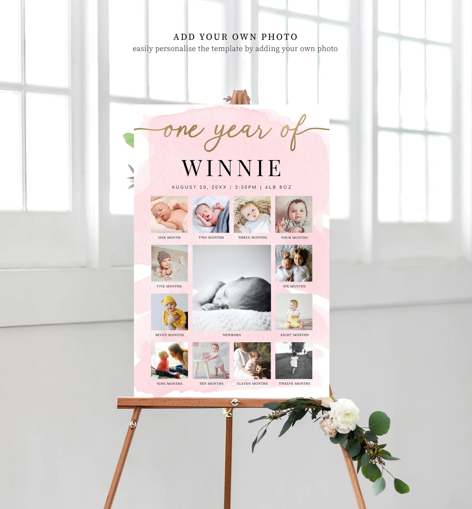 Pink Watercolor First Birthday Photo Timeline Sign (digital Download ...