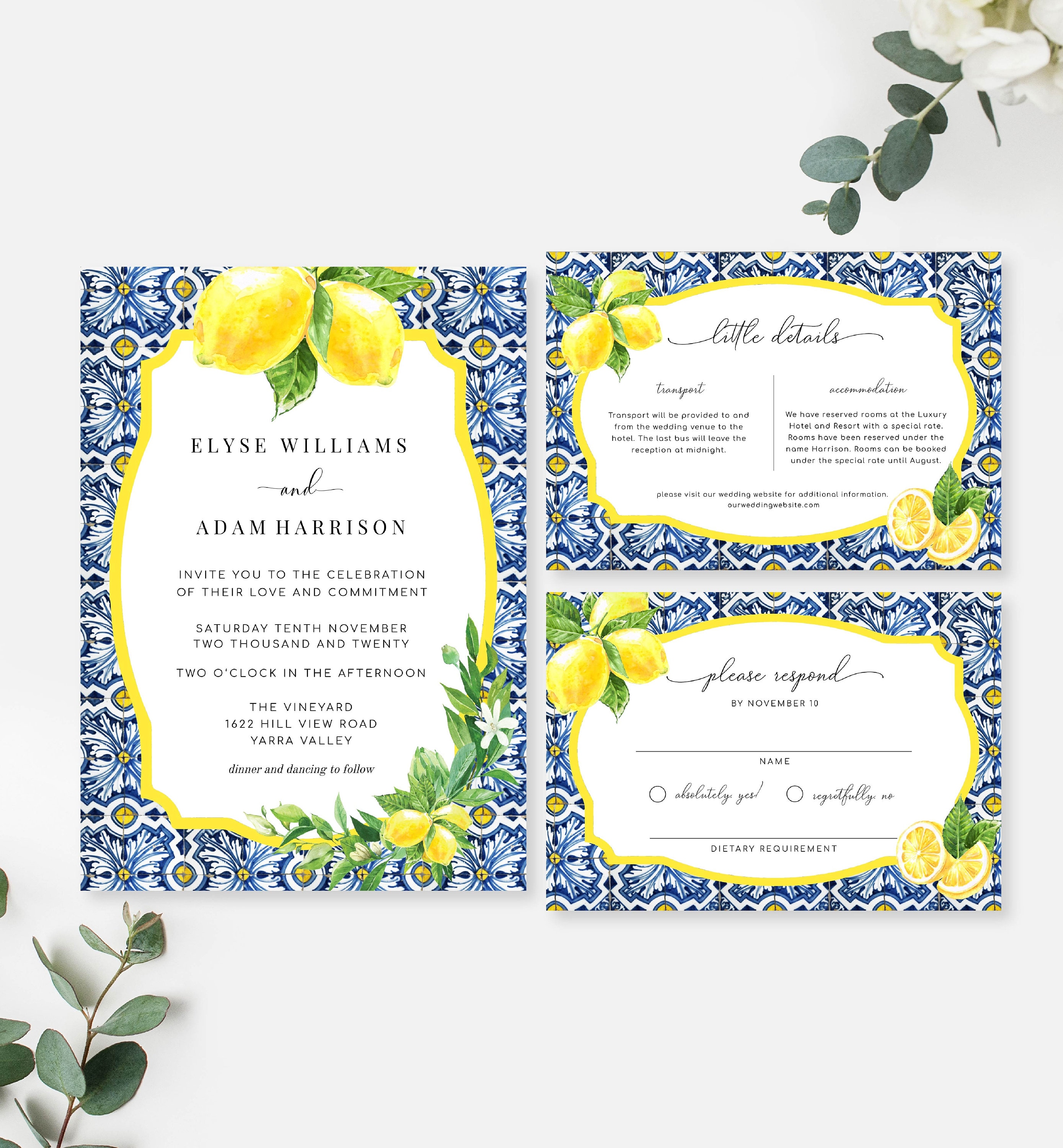 Paper Mediterranean Wedding Invite Lemon and Blue Tiles Wedding ...