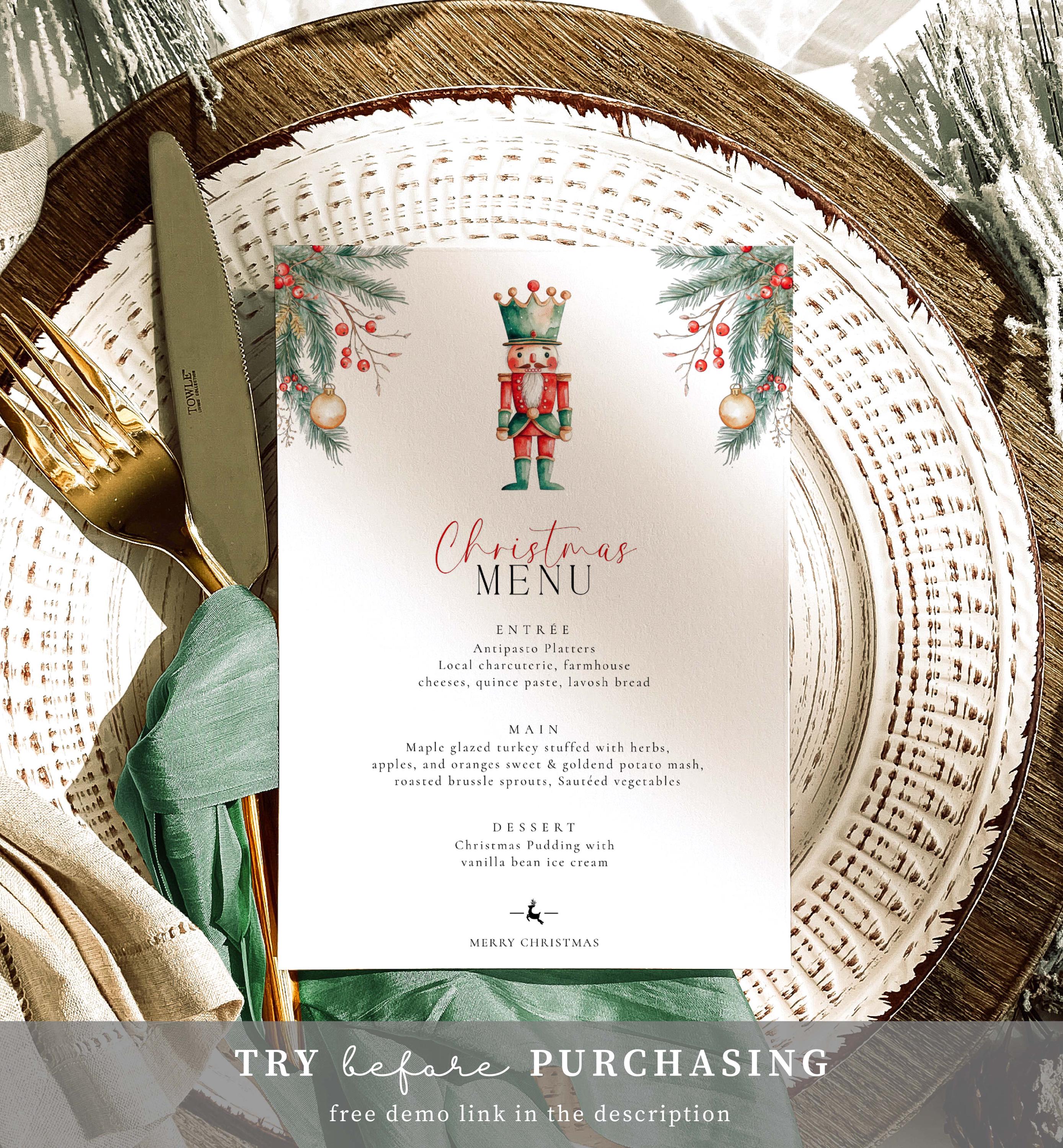 Nutcracker Christmas Menu Card, Printable Christmas Dinner Menu ...