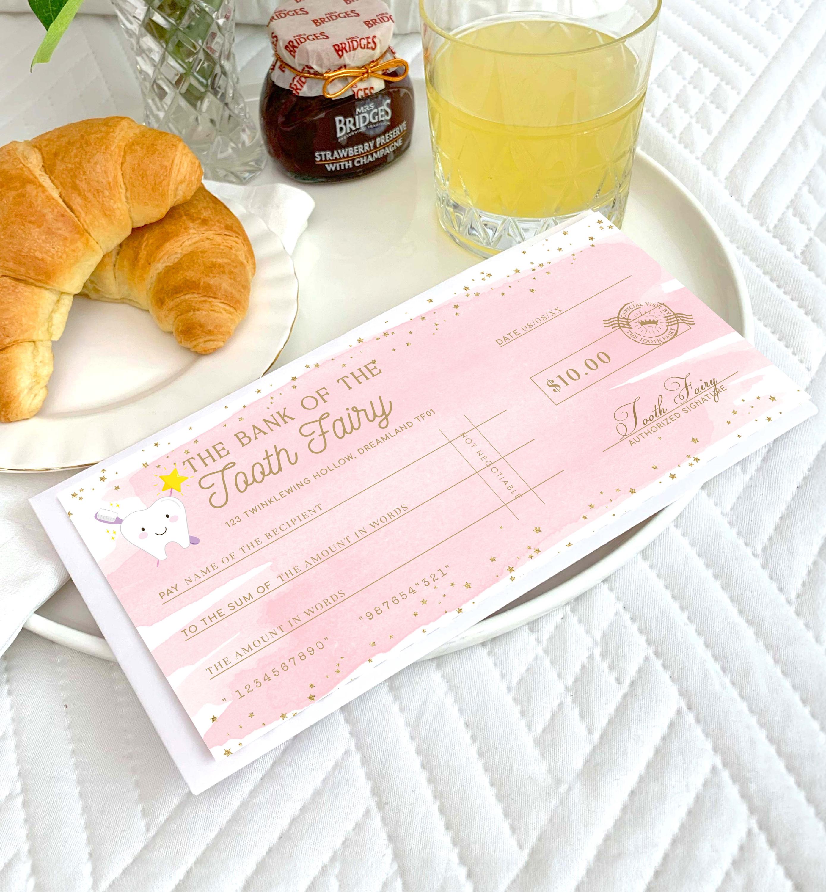 Printable Tooth Fairy Cheque, Pink Watercolor Voucher (digital Download ...
