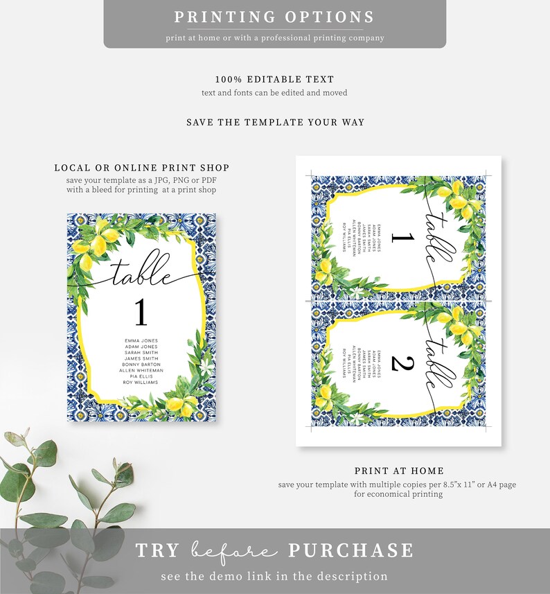 Printable Table Seating Chart Printable Positano Blue Tile | Etsy