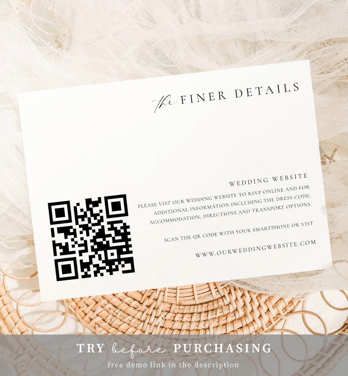 Printable QR Code Wedding Website Card, Simple Elegant Wedding Website ...