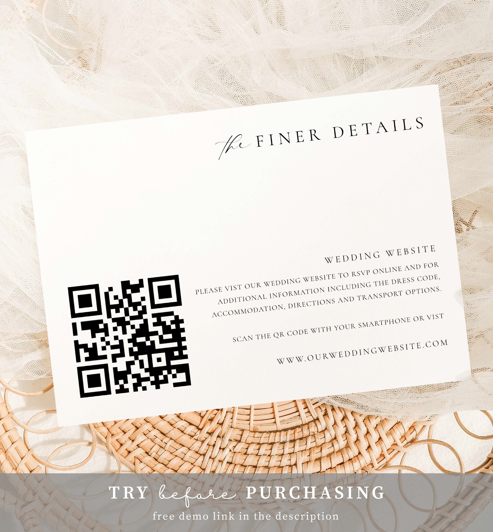 Printable QR Code Wedding Website Card, Simple Elegant Wedding Website ...