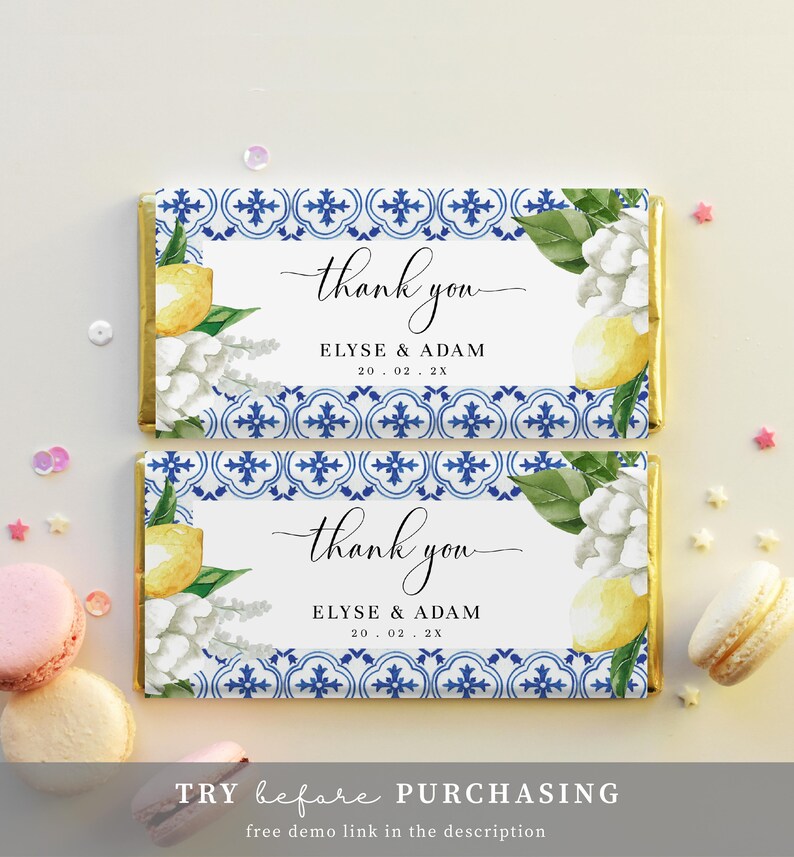 Mediterranean Lemon Wedding Chocolate Wrappers (printable Template ...