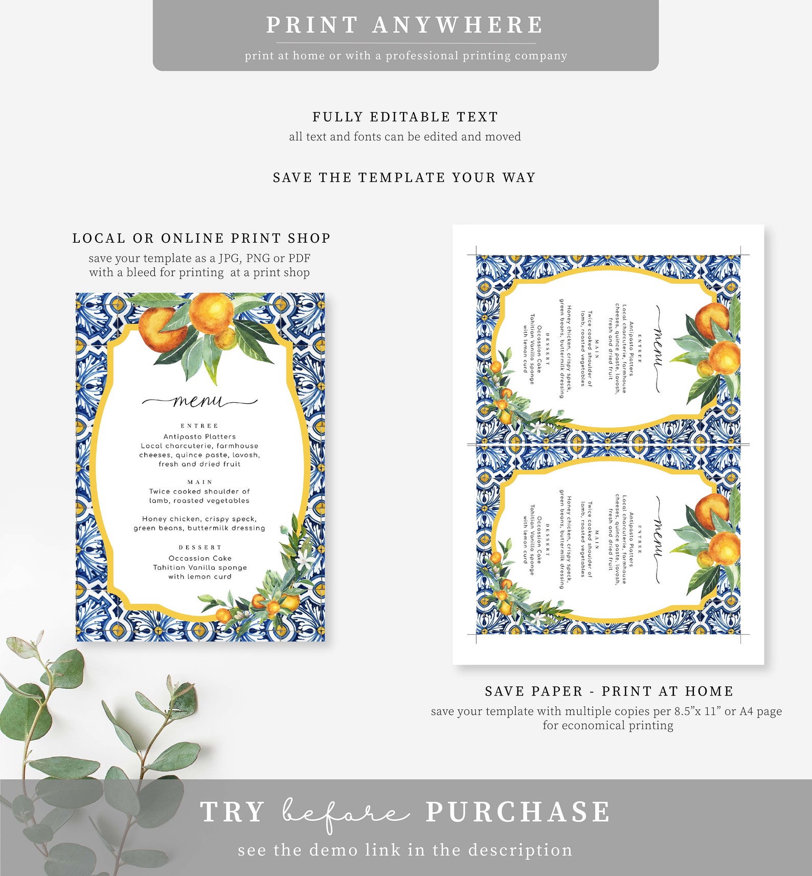 Printable Menu Template, Positano Blue Tile Oranges, Italian Almalfi ...