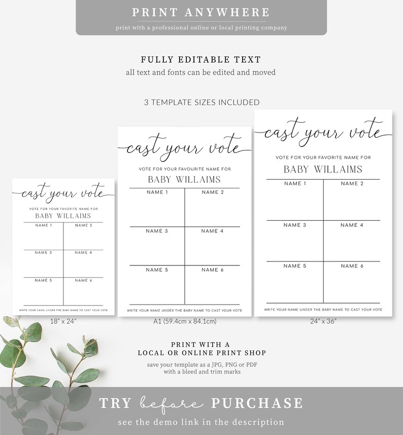 Baby Name Voting Poster Template, Gender Neutral Shower Game (digital ...