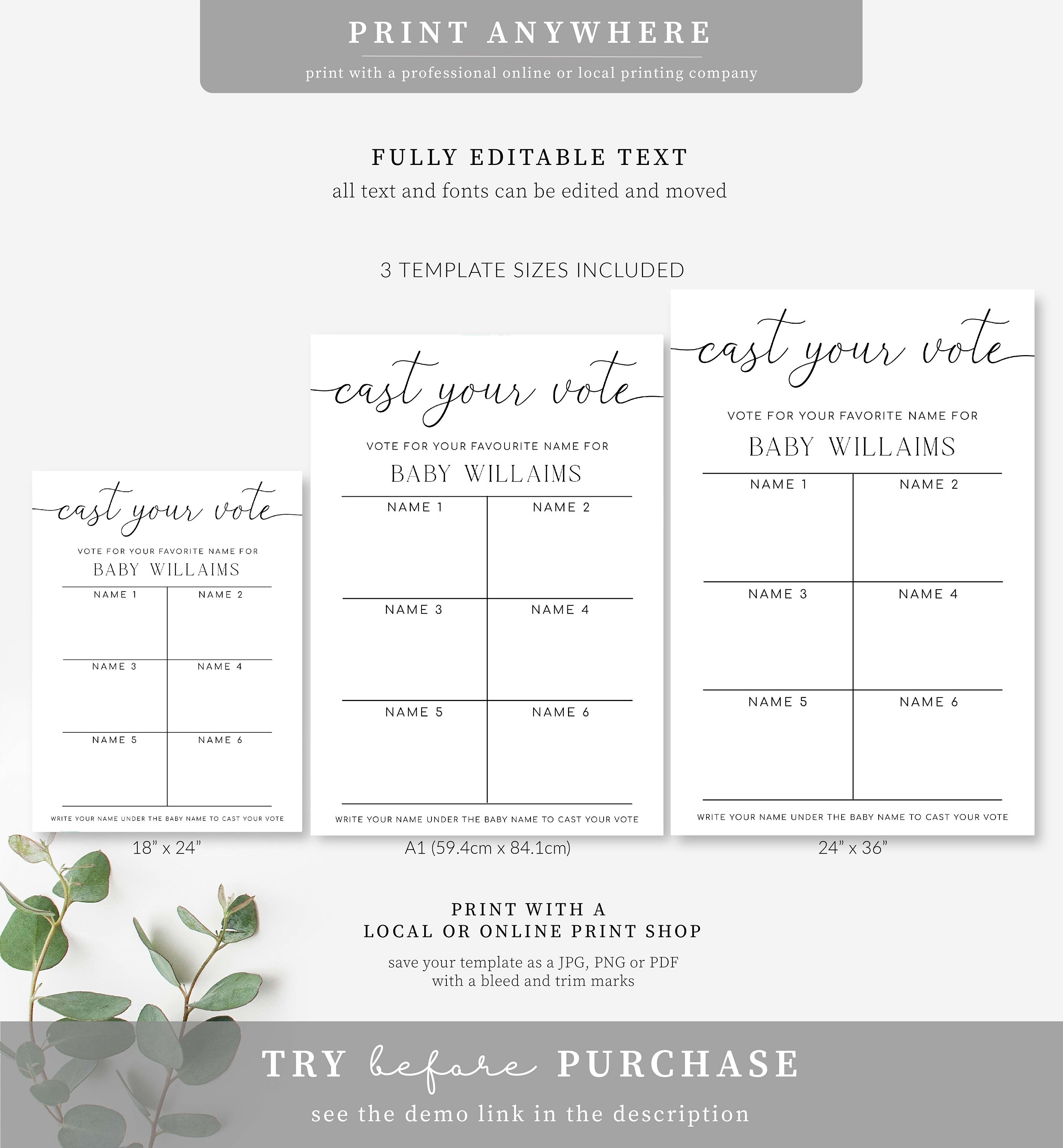 Cast Your Vote Baby Name Voting Poster Template, Guess the Baby Name ...