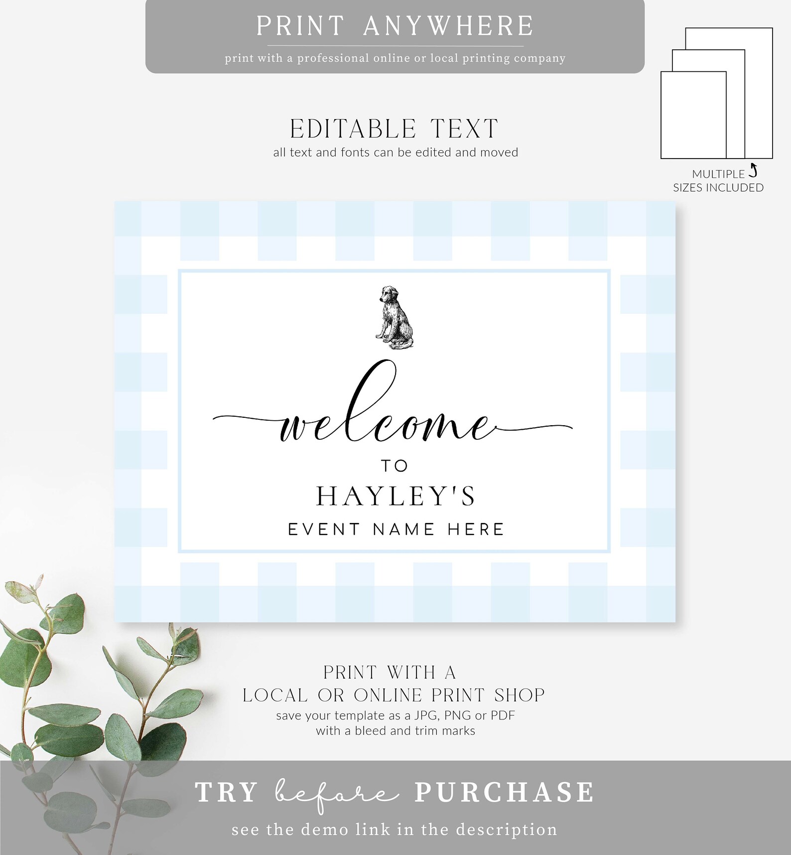 Blue Gingham Welcome Sign, Puppy Dog, Boy Baby Shower Pale Blue Check ...