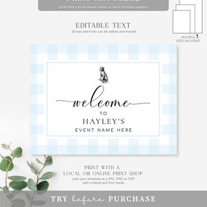 Blue Gingham Welcome Sign, Puppy Dog, Boy Baby Shower Pale Blue Check ...