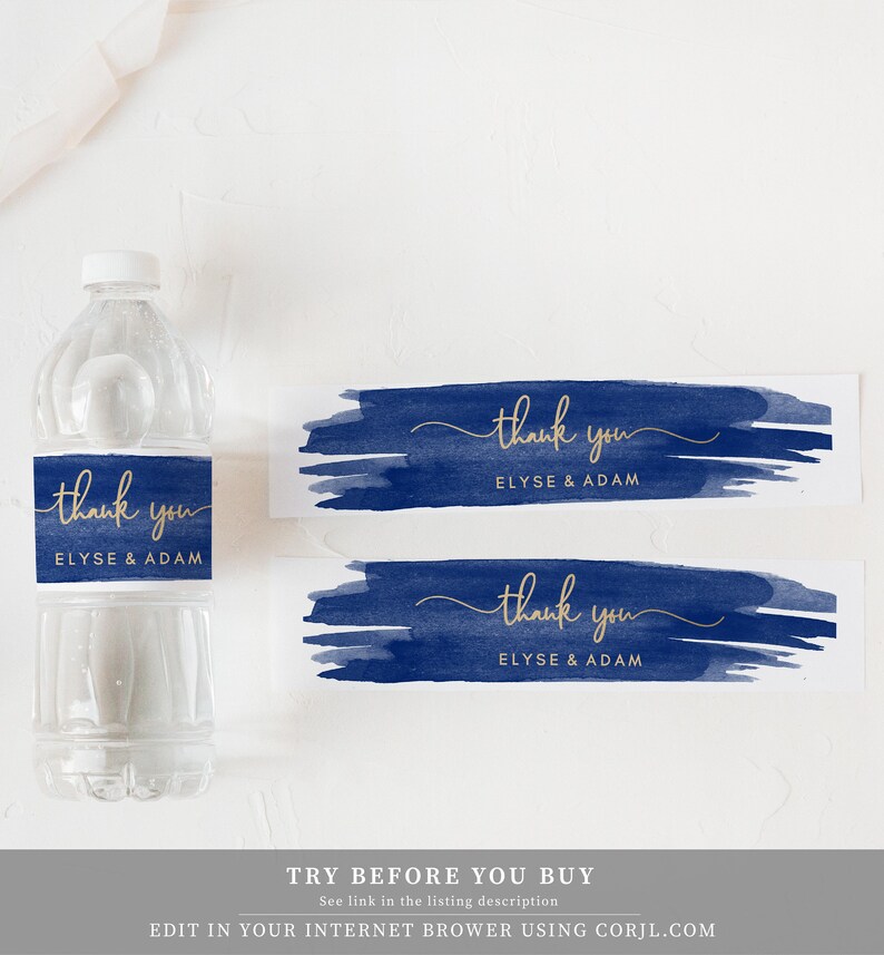 Water Bottle Label Template Navy Watercolour Printable | Etsy