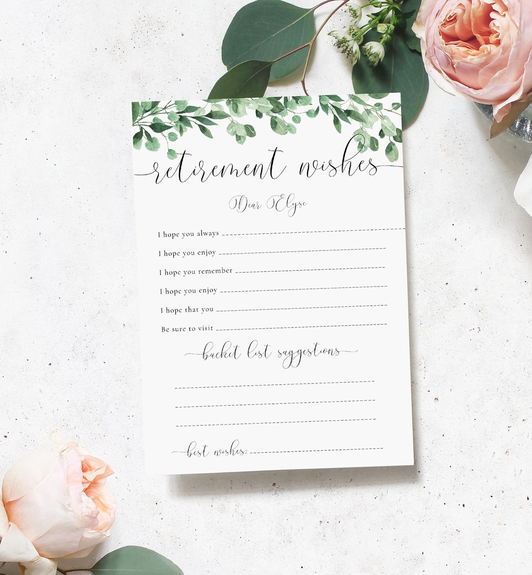 Printable Retirement Wishes Template, Greenery Leaves Retirement ...