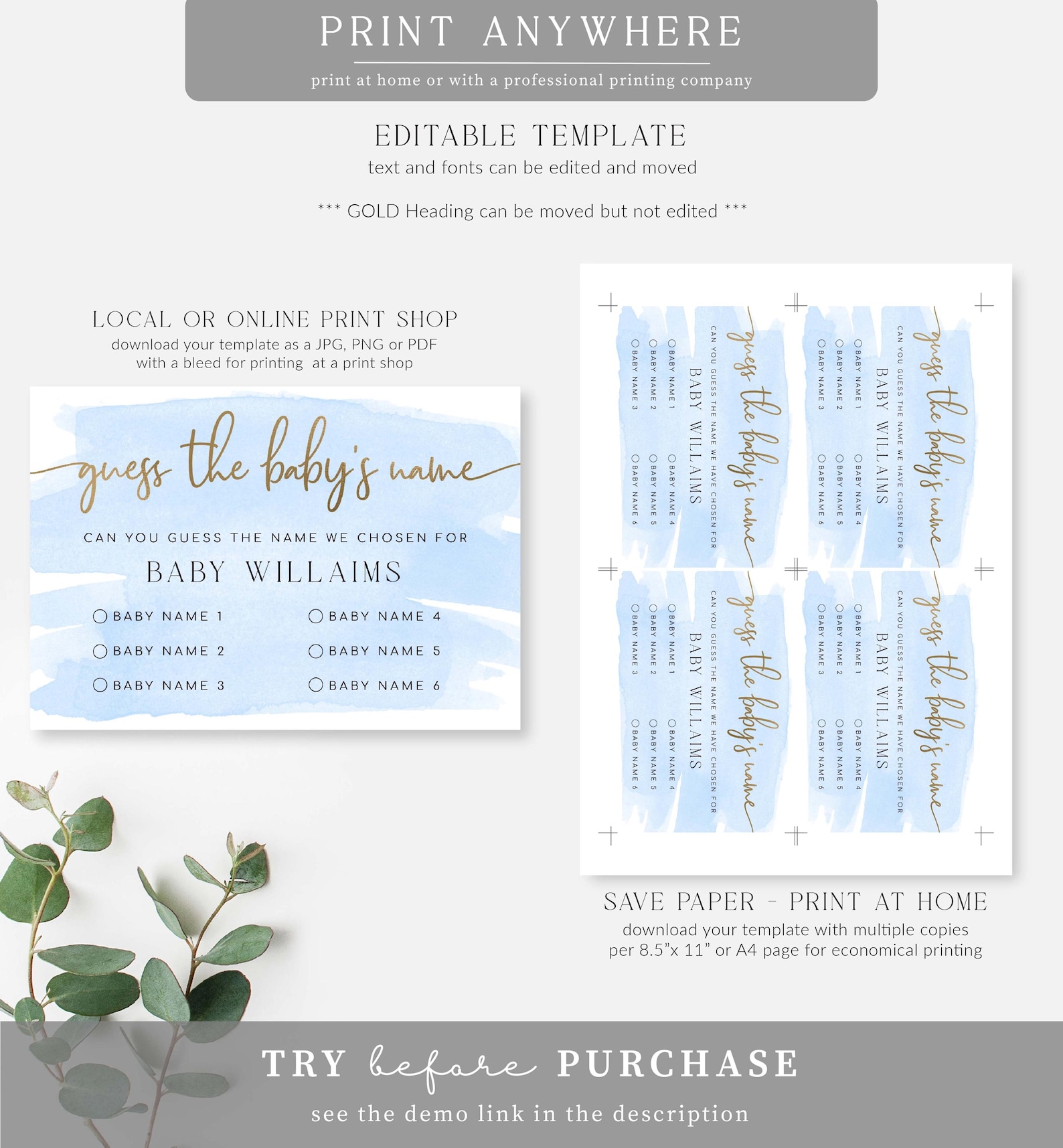 Blue Watercolor Baby Shower Game, Guess the Name (printable) - Etsy