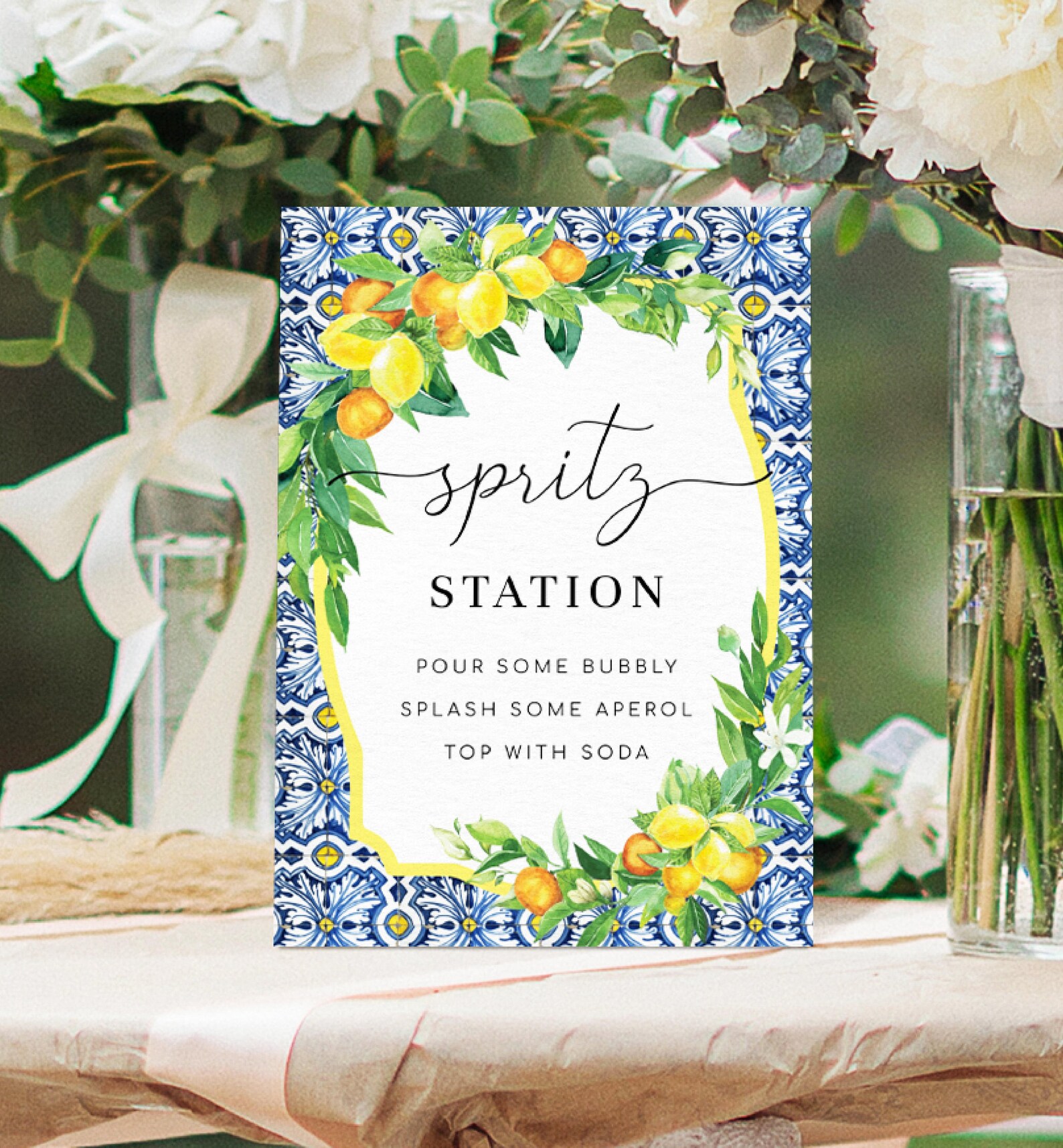 Spritz Station Sign, Positano Blue Tile Oranges Lemons Alcohol Spritz ...