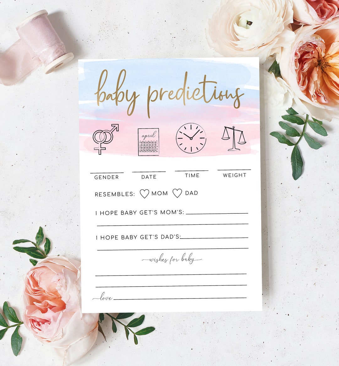 Editable Baby Predictions Game, Pink Blue Watercolour Wishes for Baby ...