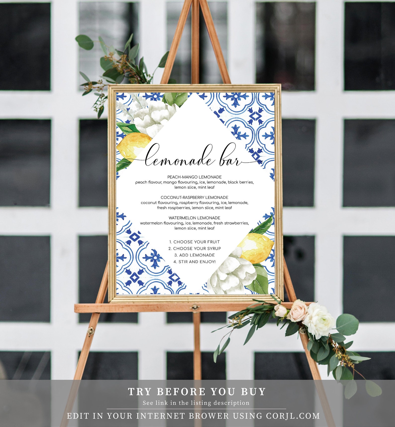 Lemonade Bar Sign Mediterranean Blue Tile Lemons Editable - Etsy