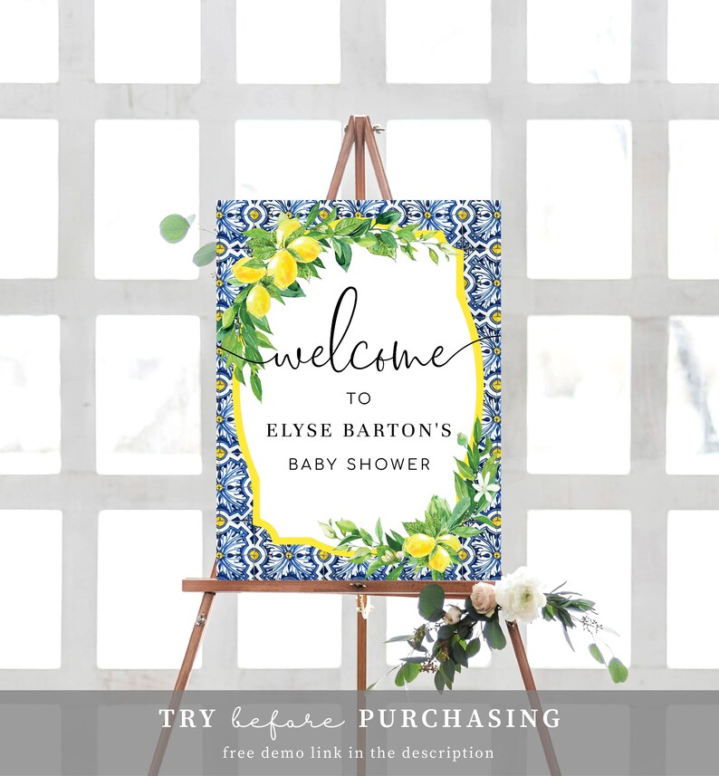 Lemon Baby Shower Welcome Sign Italian Positano Blue Tile | Etsy