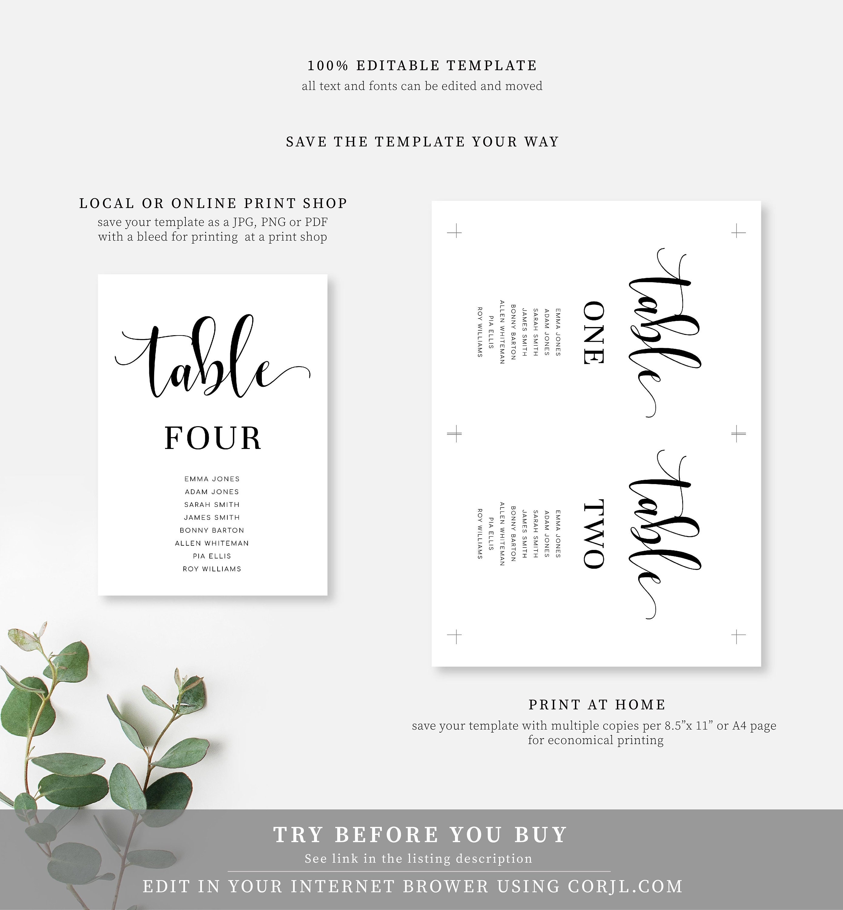 Editable Table Numbers With Guest Names Modern Minimal | Etsy