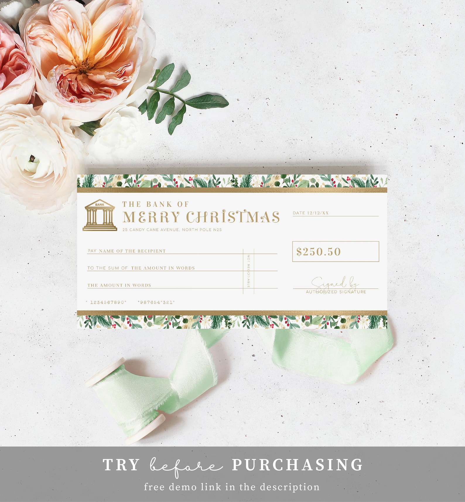 Christmas Cheque Template, Fake Bank Cheque Gift Voucher, Custom ...