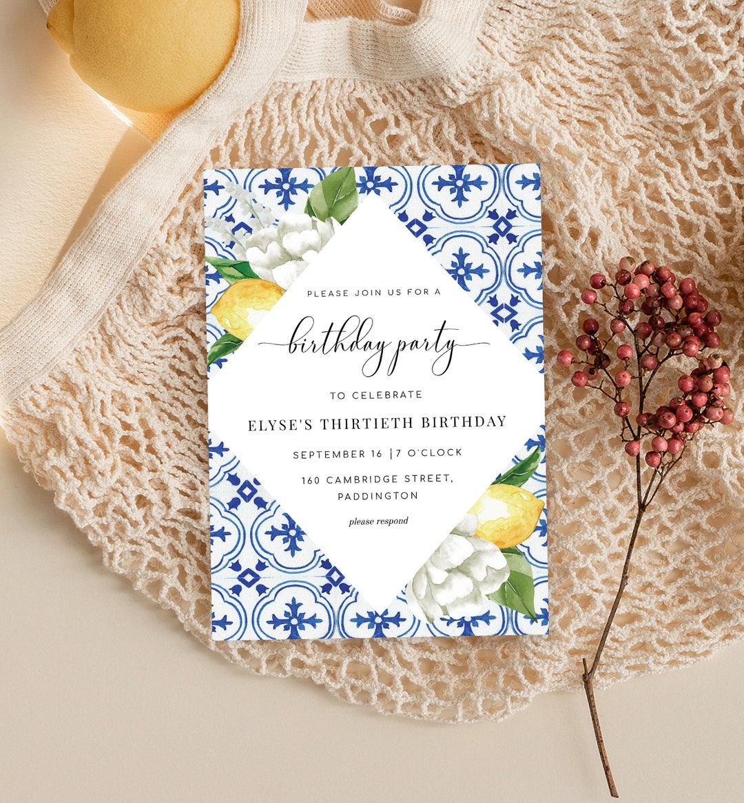 Birthday Party Mediterranean Blue Tile Invitation , Capri Lemons ...