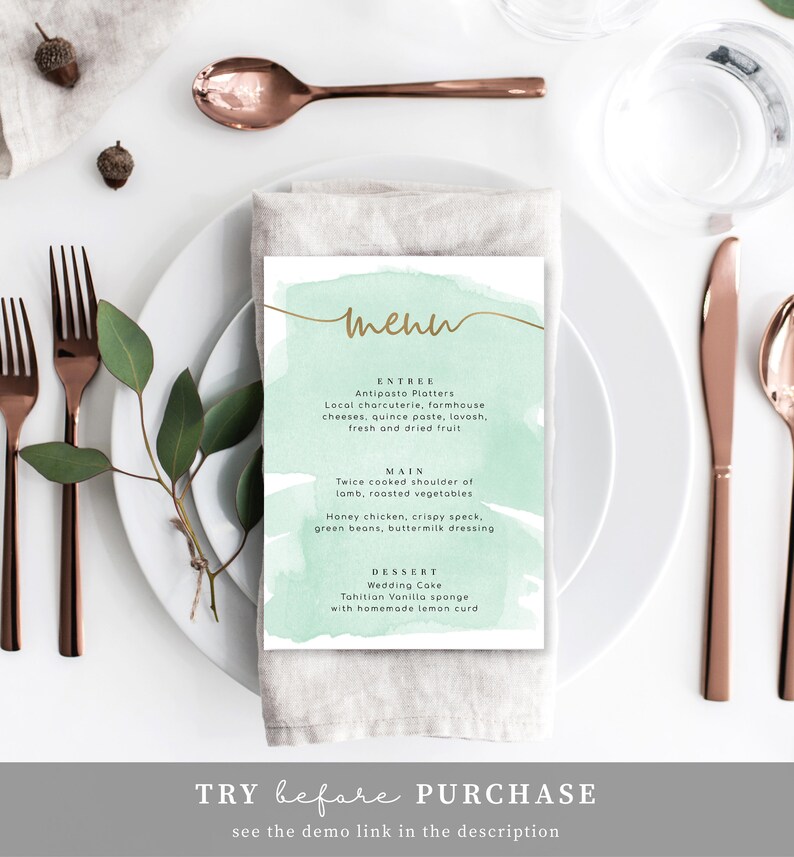 Editable Menu Template - Mint Green Watercolour Gold Foil - Printable ...