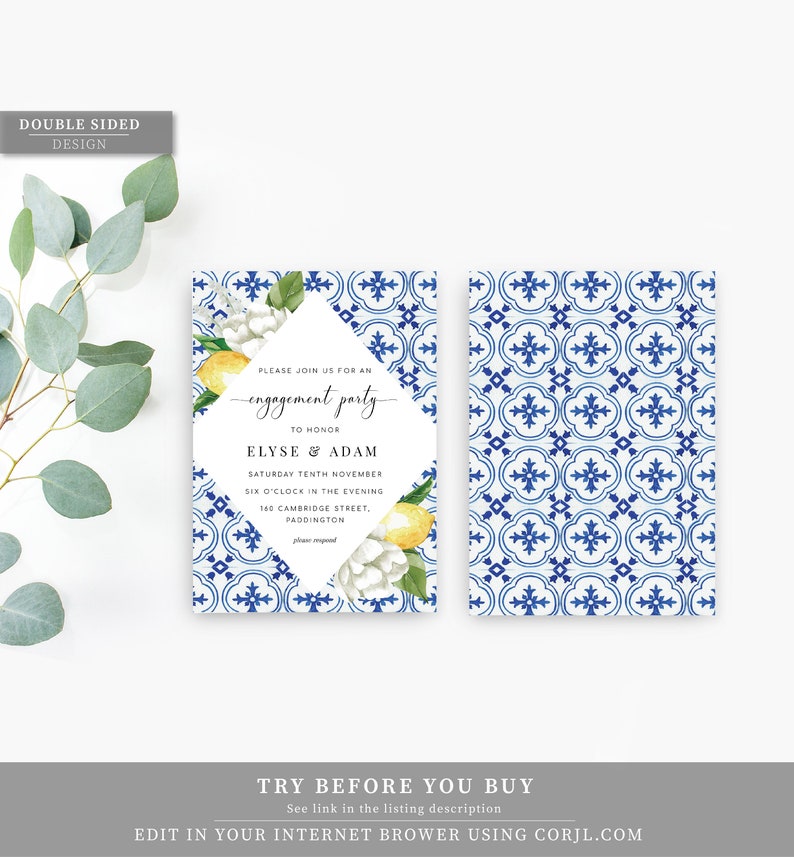 Mediterranean Blue Tile Engagement Party Printable Invitation | Etsy