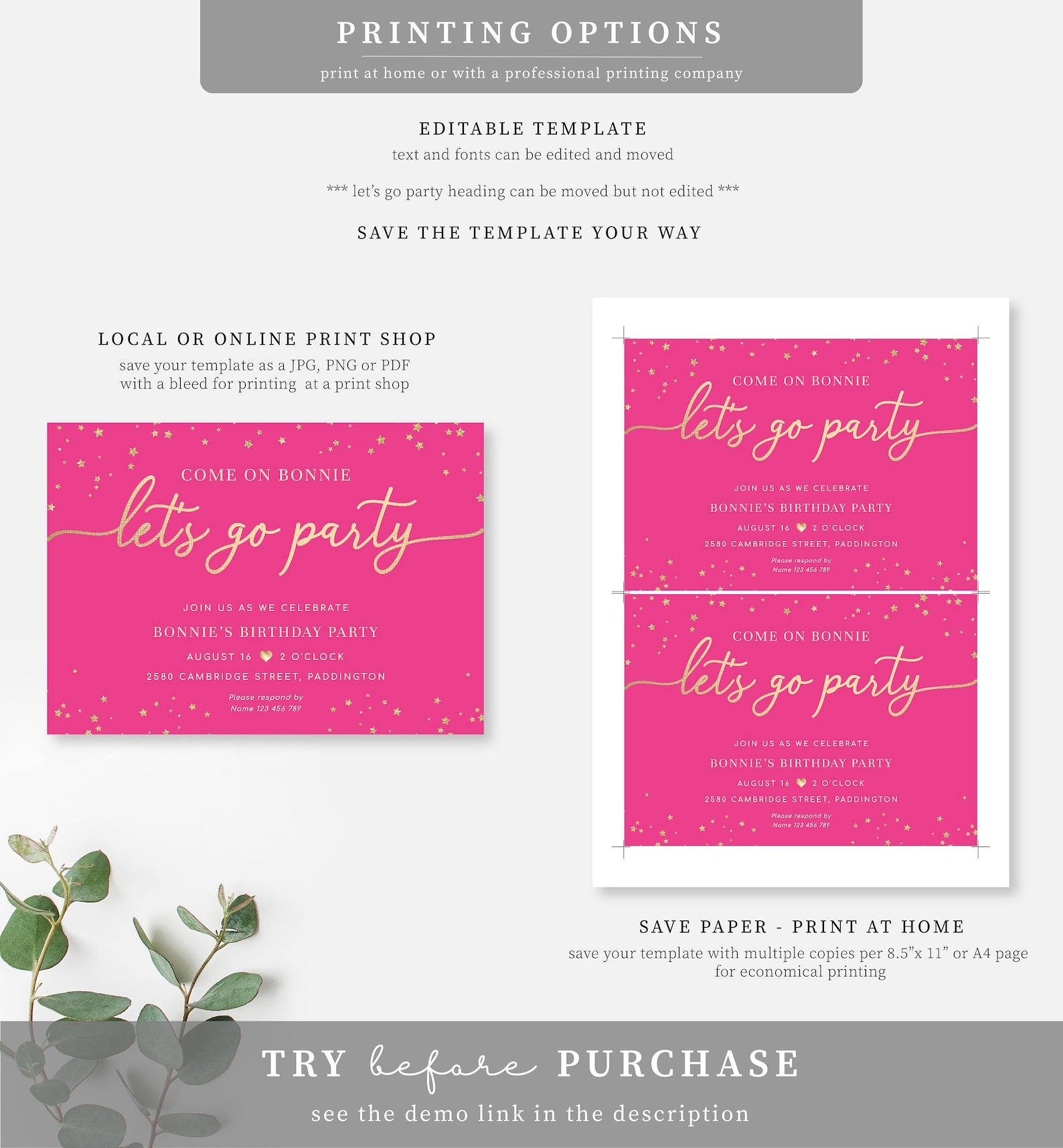 Hot Pink Editable Birthday Party Invitation Come on Let's - Etsy