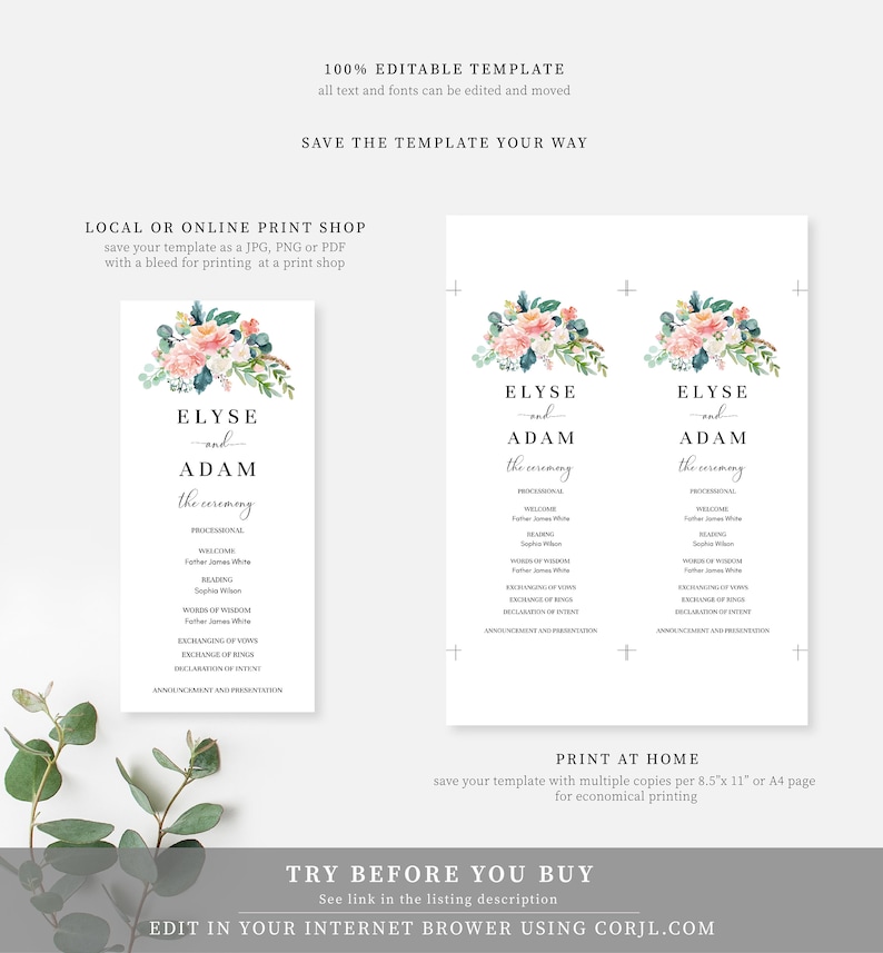 Printable Floral Wedding Program Template Editable Wedding | Etsy